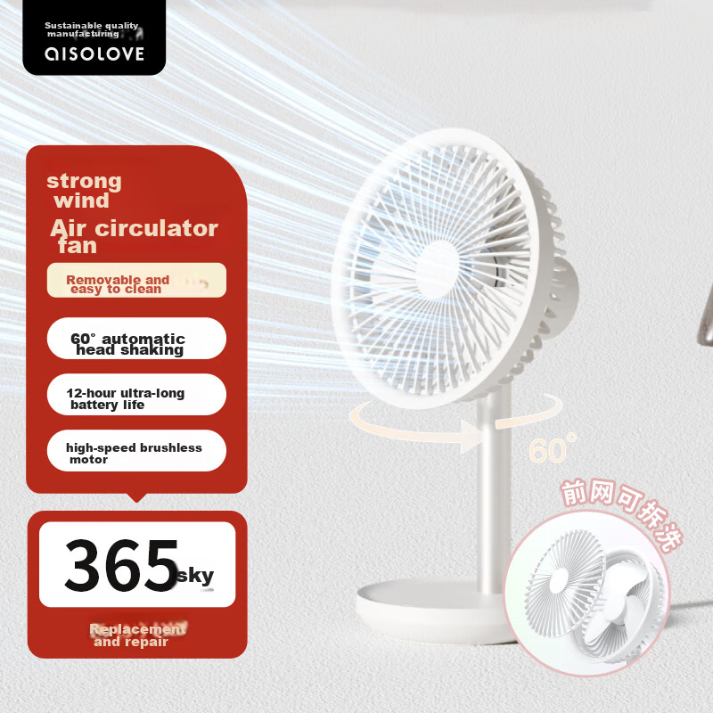 SOLOVE Desktop Mini Fan, Air Circulator, USB Rechargeable, Compact Portable, for Dorm, Office, Outdoor Camping, Tabletop Oscillating, Air Conditioning Companion, High-Power Electric Fan, White