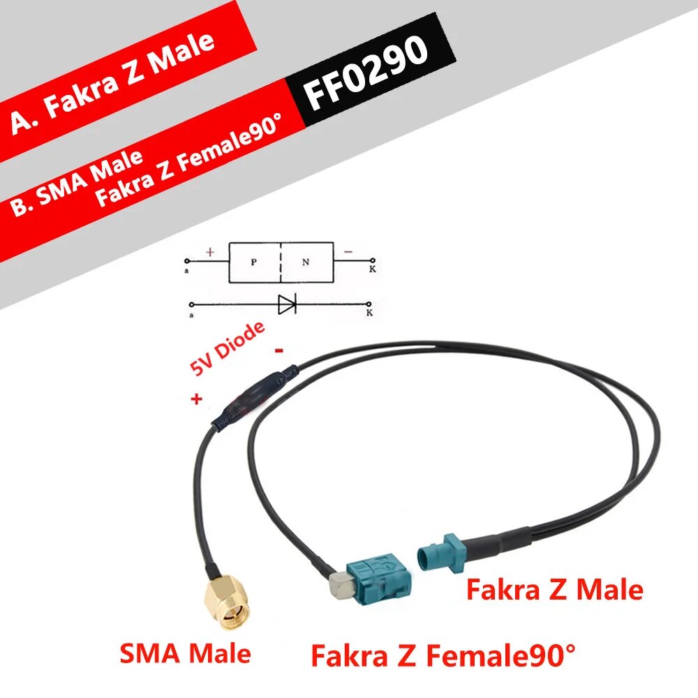Кабель-разветвитель Fakra Z на SMA RG174 30см 100CM, Fakra M to F90 SMA M