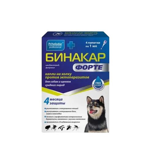Pchelodar Бинакар Форте капли на холку для собак и щенков средних пород 1 мл 4 шт