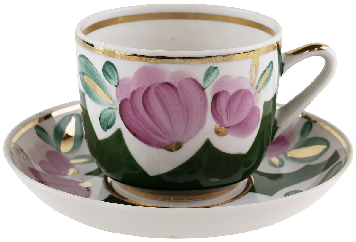 Чайная пара "Цветы на зеленом", Фарфор, винтаж, Вербилки, СССР, 1965-1991 гг.