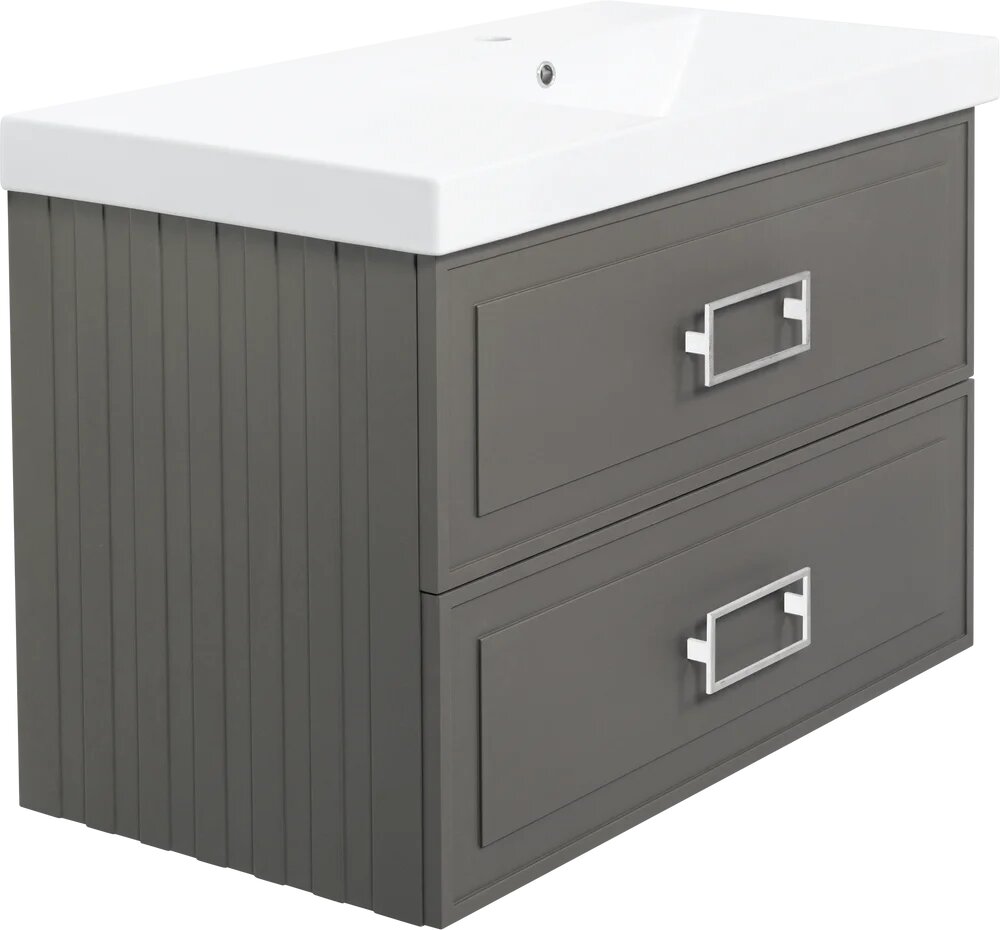 Тумба с раковиной La Fenice Cubo Twin 90 R подвесная, 90,5 см, бежевая, матовая, из МДФ, с ящиками, раковина для ванной, фаянсовая, прямоугольная, встроенный слив-перелив