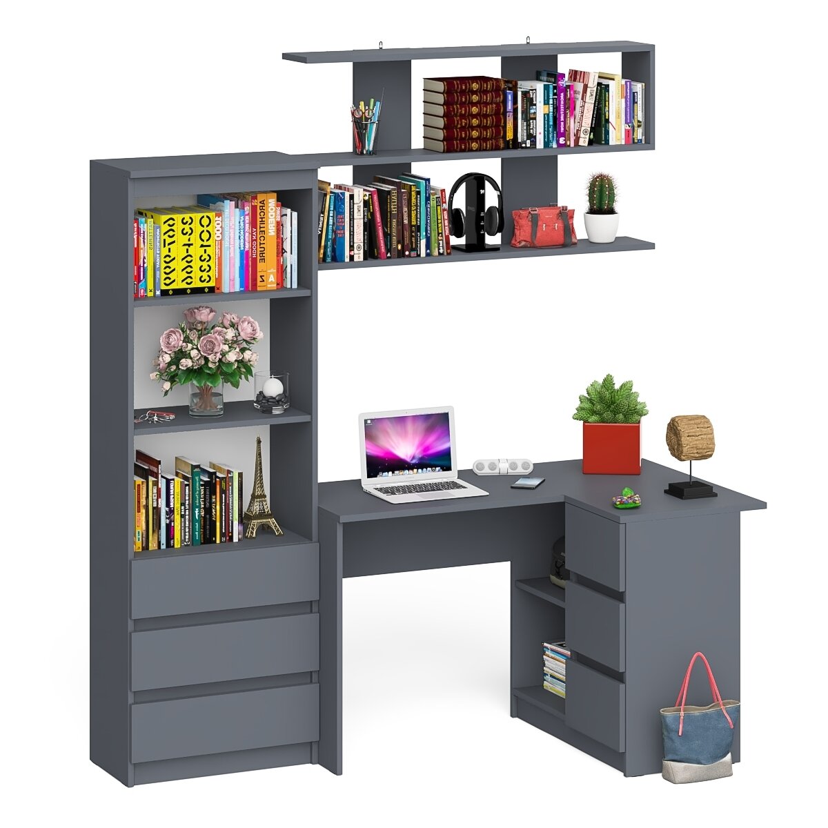 Рабочее место с угловым столом Мори МС-16 правым со стеллажом и навесной полкой, графит, 184,8х84,9х209,6 см.