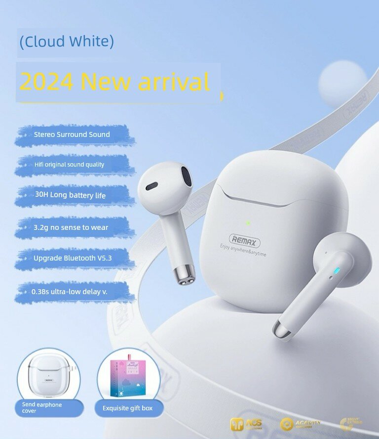 Remax беспроводные наушники Bluetooth для iPhone и Huawei, 30-часовая батарея, облачно-белый