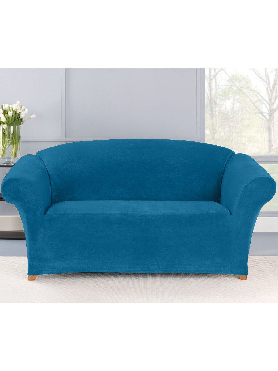 Чехол на трехместный диван Бруклин морская волна, стрейчевый велюр, Виктория Хоум Декор