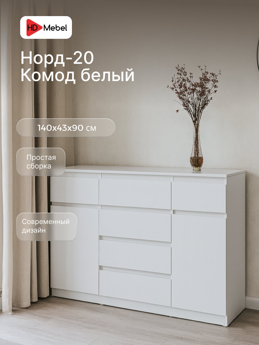 Комод с ящиками "Nord" 1400, 6 ящиков- 2 двери, Белый , на шариковых направляющих