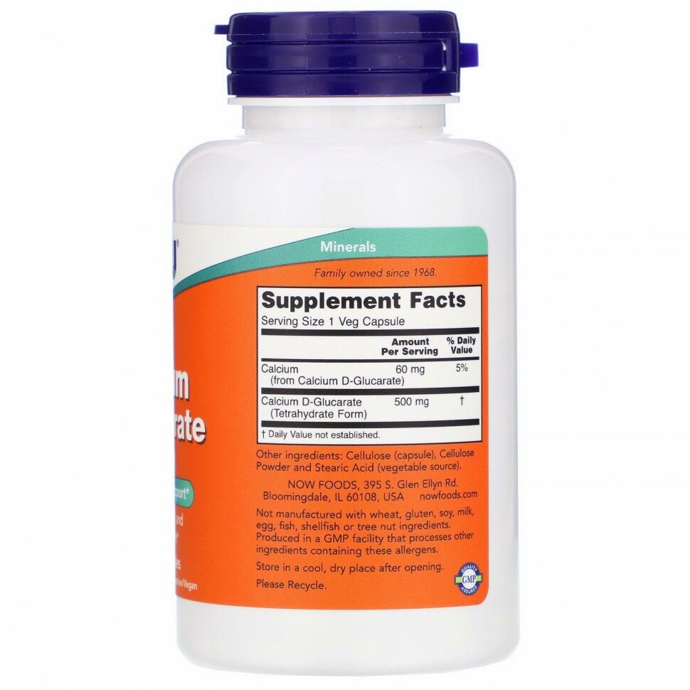 NOW Calcium D-Glucarate (D-глюкарат кальция) 500 мг 90 вег капсул (NOW)