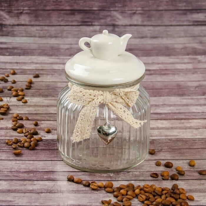 Банка для хранения сыпучих продуктов "Чайные беседы", 700 мл, 10,7х17 см, с белой крышкой