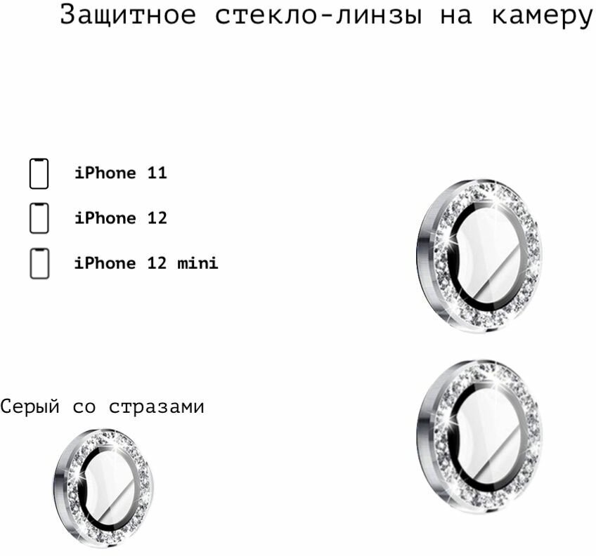 Защитное стекло линзы накладка на заднюю камеру iphone 11/ 12/ 12 mini camera glass (для Айфон 11, 12, 12 мини) серебро (серый) с искуссвенными алмазами стразами