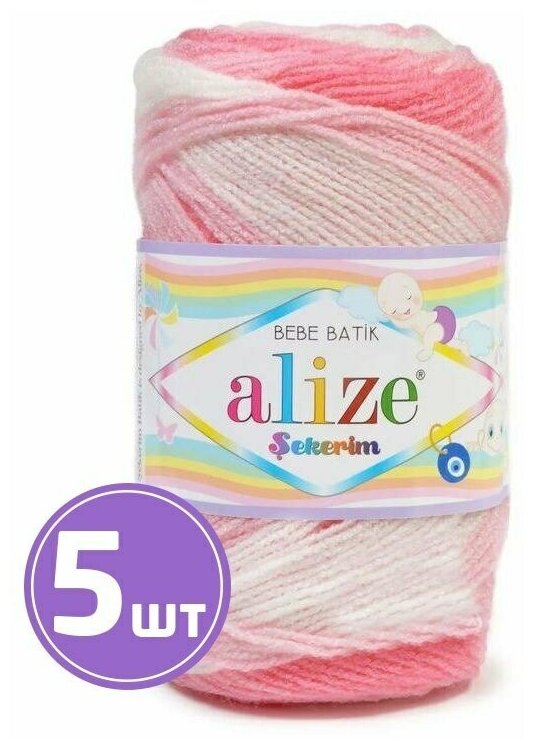 Пряжа детская для вязания крючком, спицами Alize Ализе Sekerim bebe batik, средняя, акрил 100%, цвет 2126, бело-розовый, 5 шт. по 100 г, 320 м