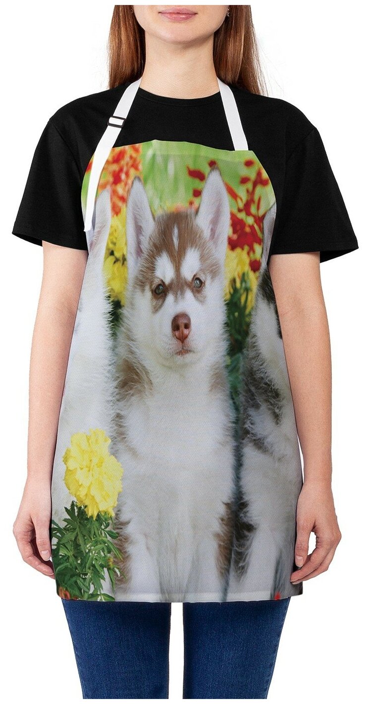 Фартук для кухни тканевый "Улыбающиеся хаски" / водоотталкивающий, универсальный размер , JoyArty