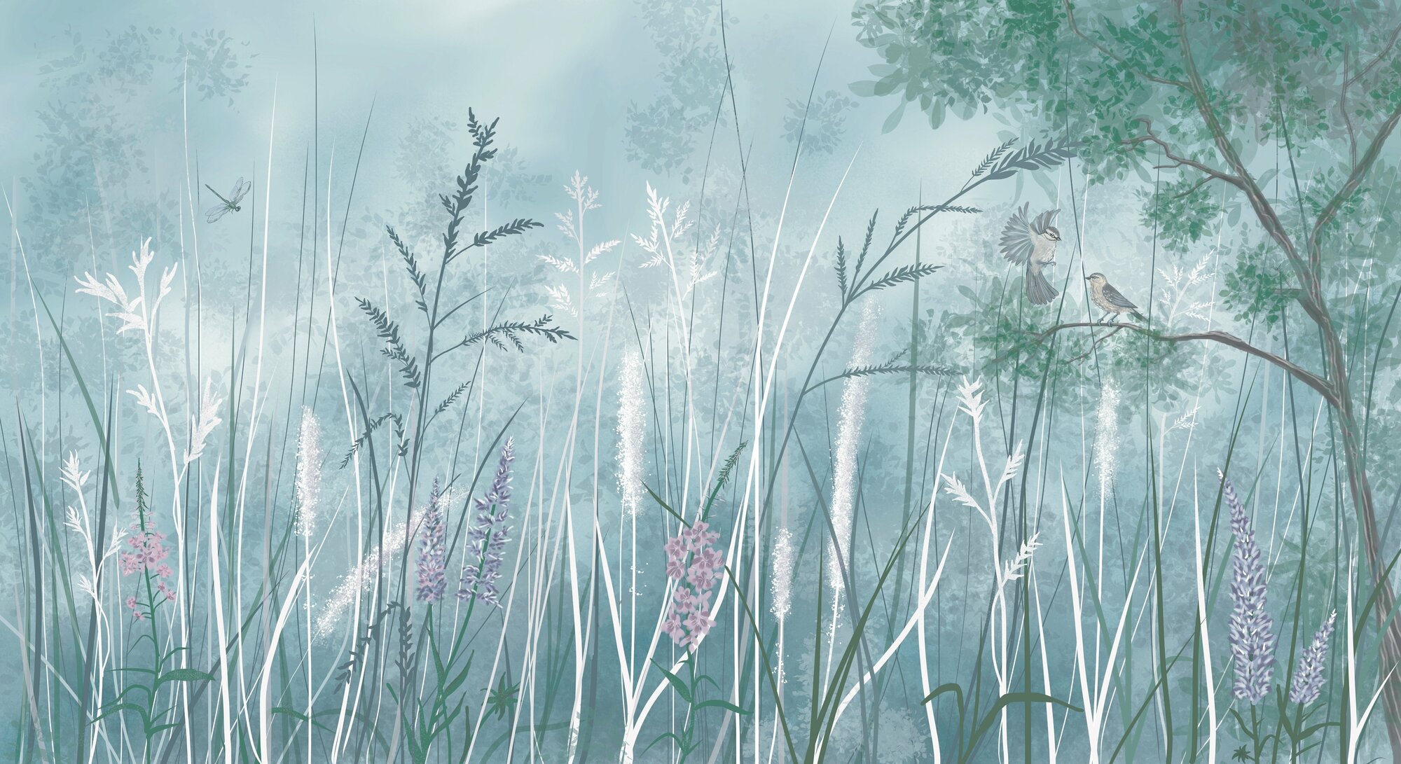 Обои "Каменный лист" Лесной пейзаж бирюзовый (в2550мм хш4500мм)