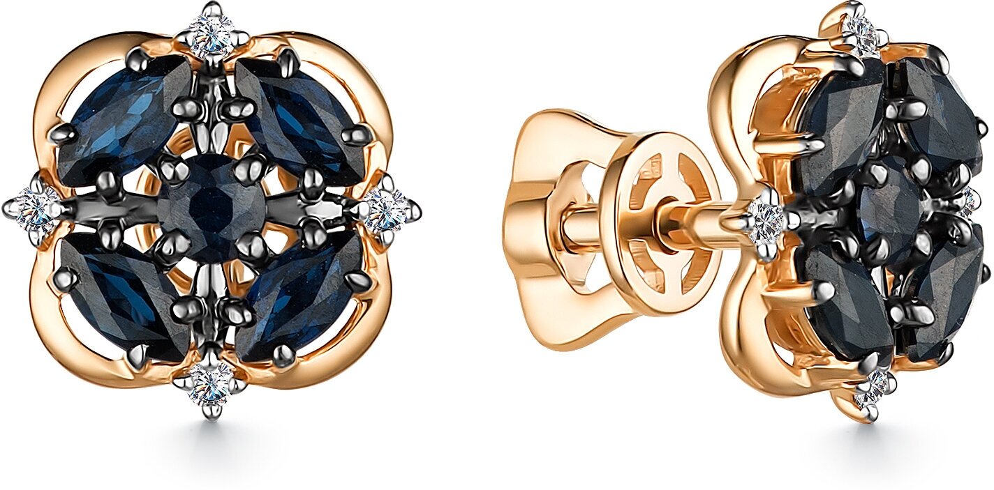 Серьги пусеты, красное золото, 585 проба, сапфир, бриллиант