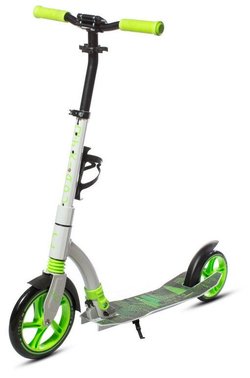 Самокат 00-180021 алюминиевый с передним аммортизатором 230+180мм подшипники ABEC-9 до 100кг, новый широкий руль, серебристо-зеленый COD-X 4.0