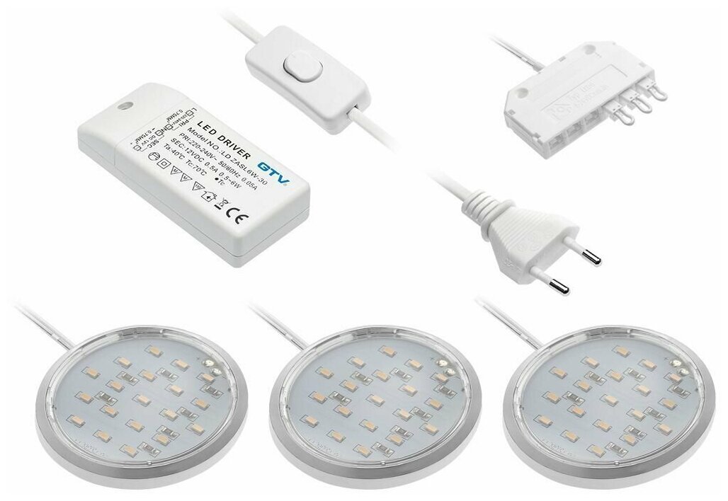 Комплект из 3 точечных накладных светодиодных светильников GTV (Польша) с трансформатором (сатин) теплый белый свет