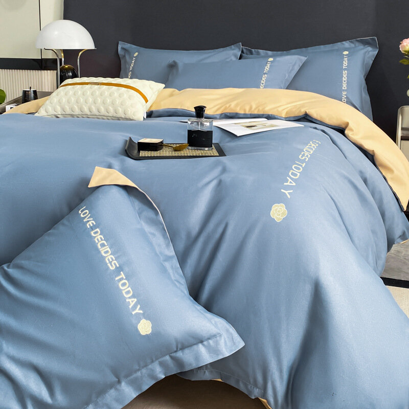 Комплект постельного белья Butterfly-Textile "Шуанпин", с вышивкой, хлопок, голубой, 4 шт
