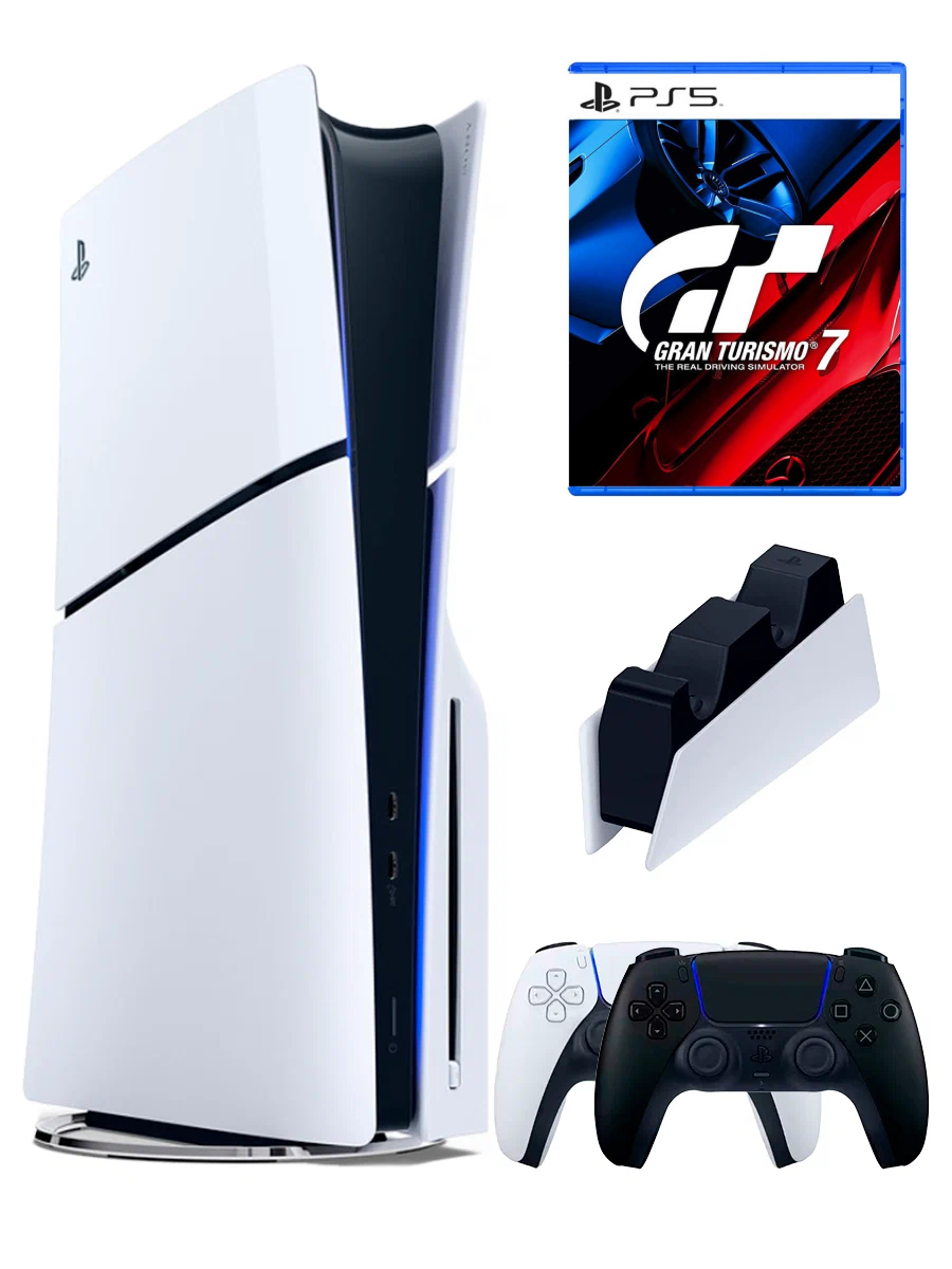 PS5 (ПС5) Игровая приставка Sony PlayStation 5 Slim disk+2-й геймпад(черный)+зарядное+ Gran Turismo, 1000 ГБ