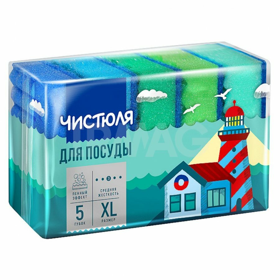Губка для посуды чистюля 5шт XL Пенный Эффект NEW