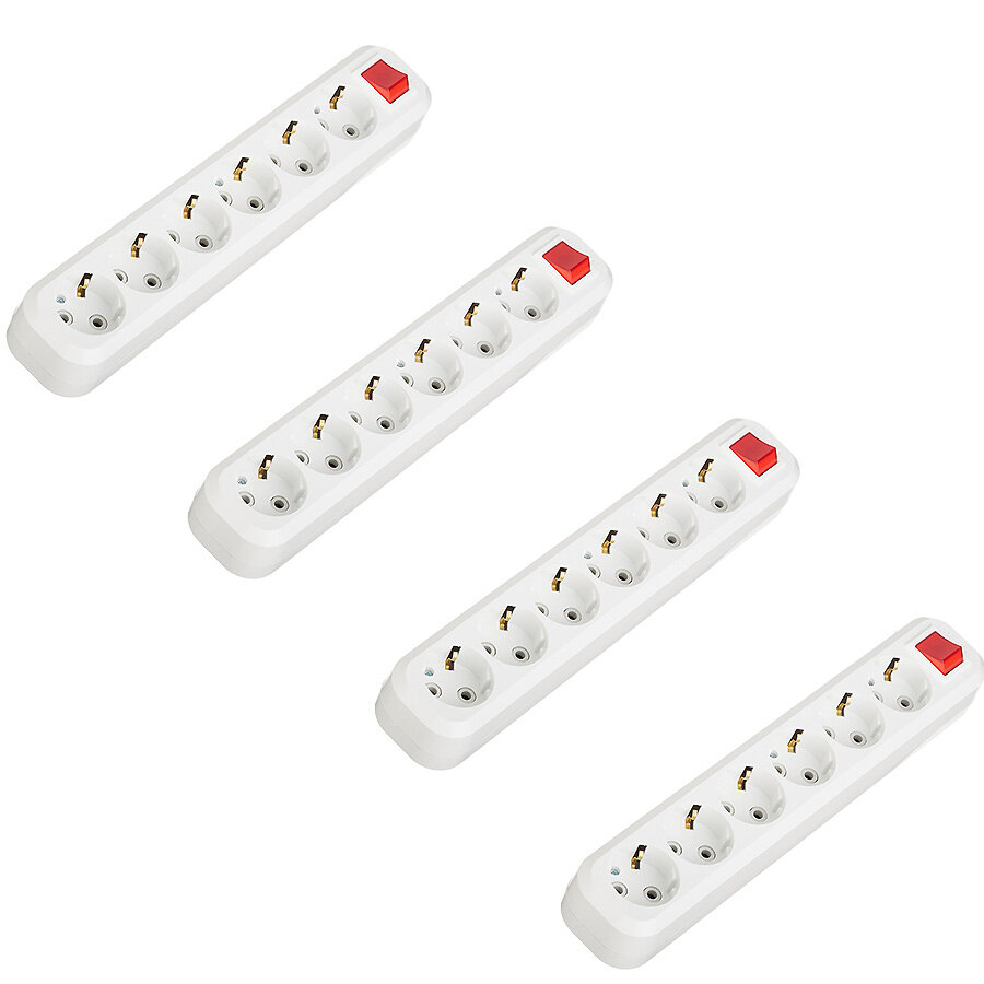 Колодка электрическая 6 розеток 16 А 250 В 2,2 кВт с выключателем белая (4 шт.)