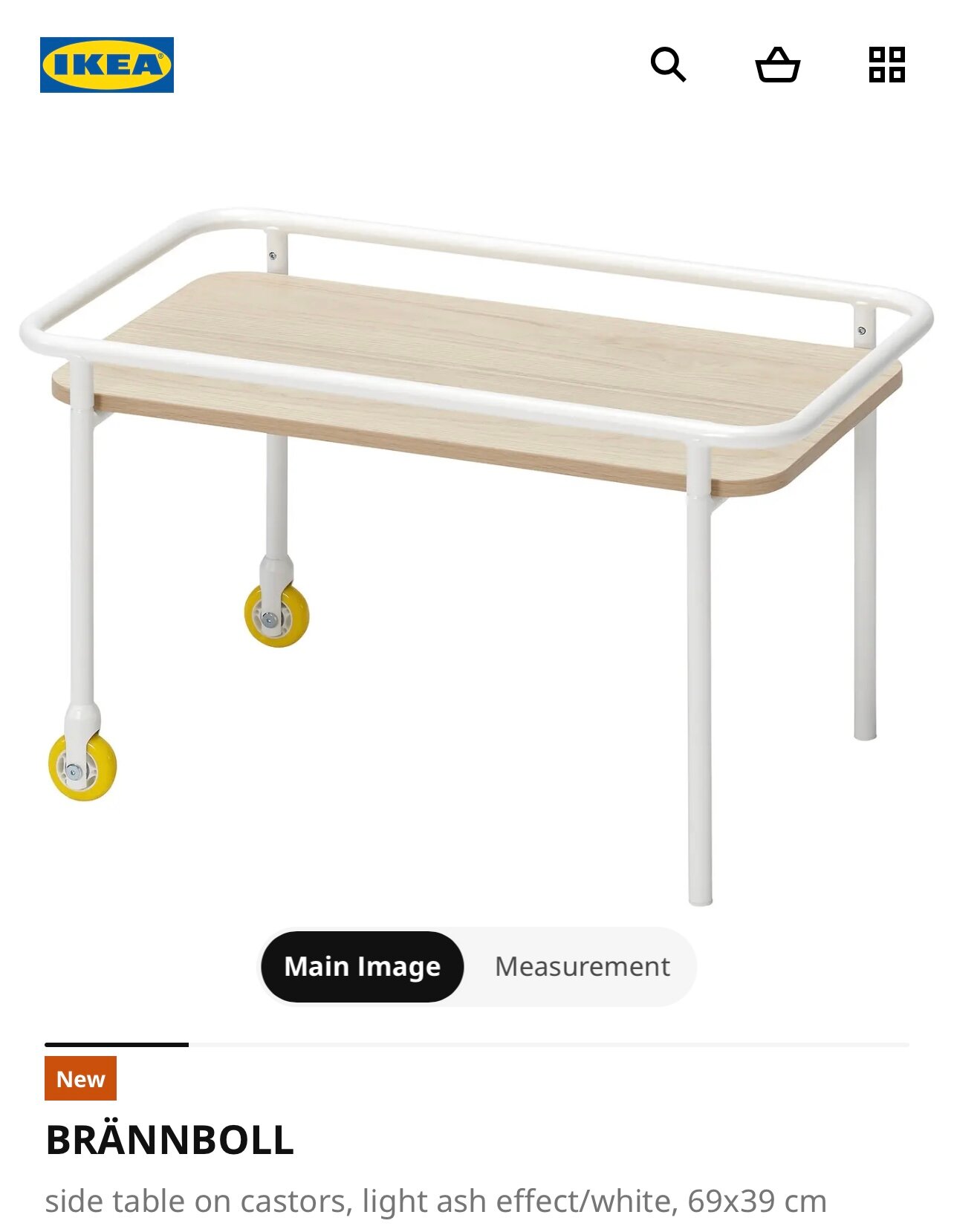 Приставной столик на роликах BRÄNNBOLL , эффект светлого дерева /белый, 69x39 см