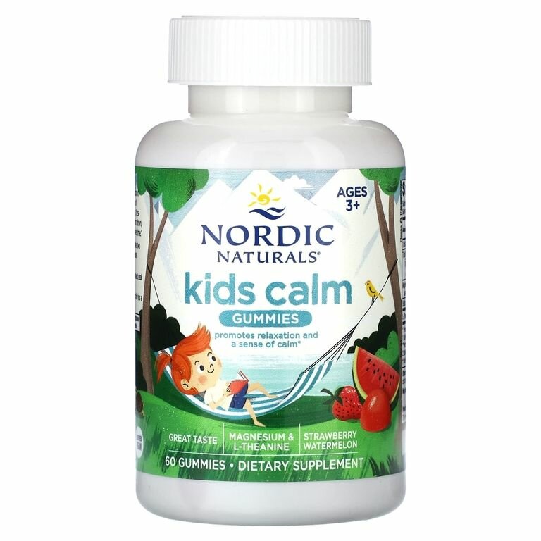 Nordic Naturals, Kids Calm, спокойствие и расслабление для детей 3+, вкус клубники и арбуза, 60 жевательных таблеток