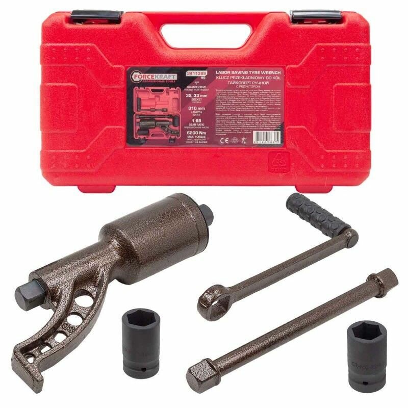 Гайковерт ручной с редуктором FORCEKRAFT 1" (головки-32мм и 33мм, длина-310мм, передаточное число 1:68, 6200 Н/м)