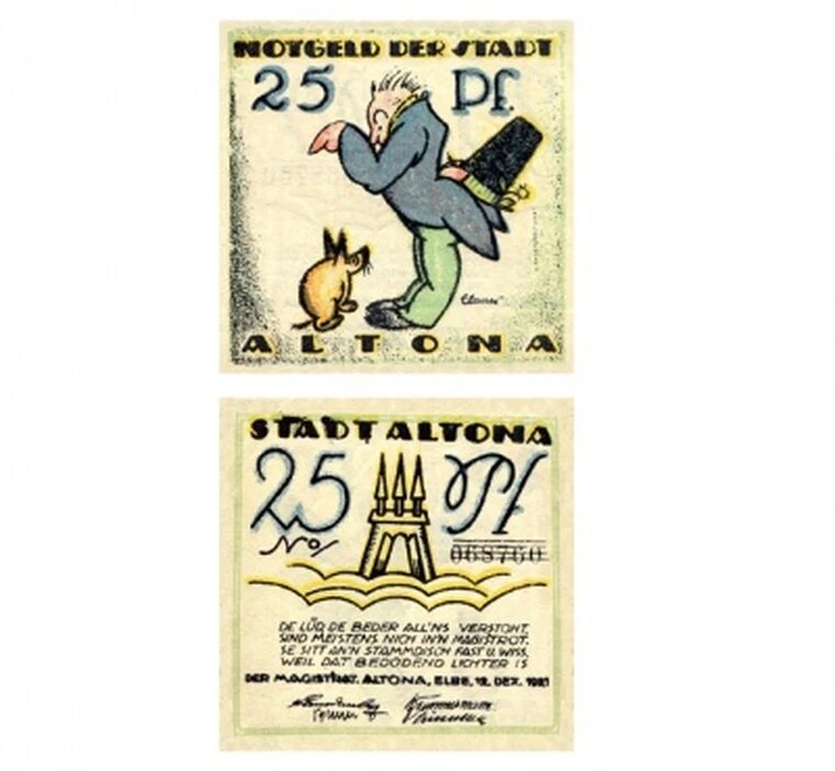 Нотгельд 25 пфеннигов 1921 Германия, Альтона, вид 2, сувенирная копия, банкноты и купюры редкие коллекционные