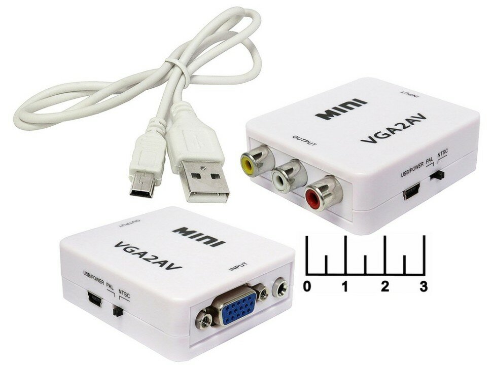 Конвертор VGA+AUD 3.5-выход 3RCA + mini USB (1080P) (VGA2AV) (белый)