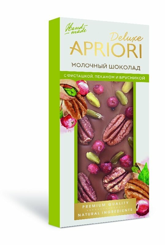 Шоколад APRIORI Deluxe молочный с фисташкой, пеканом и брусникой /картон/ 85г