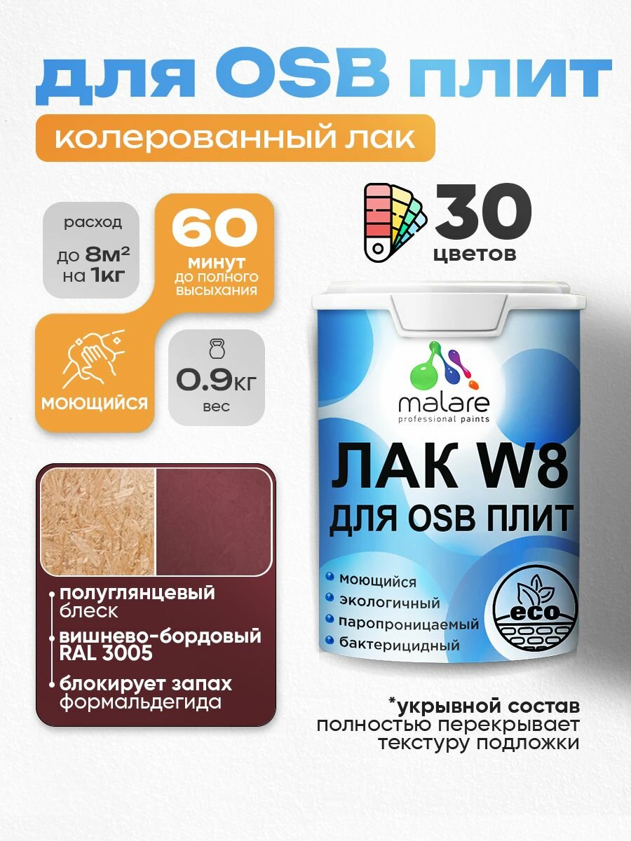 Лак колерованный укрывной для защиты ОСБ плит Malare W8 универсальный для дерева и минеральных поверхностей, паропроницаемый водный без запаха, полуглянцевый RAL 3005 вишнево-бордовый, 0.9 кг.