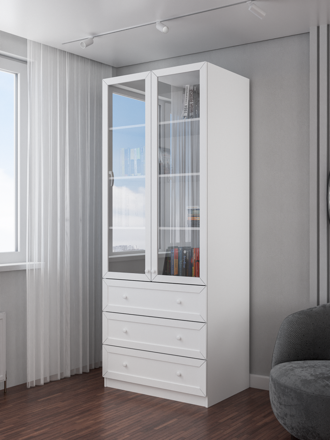 Книжный шкаф Билли 39 с ящиками | ЛДСП Белый | Профиль рамочный Белый