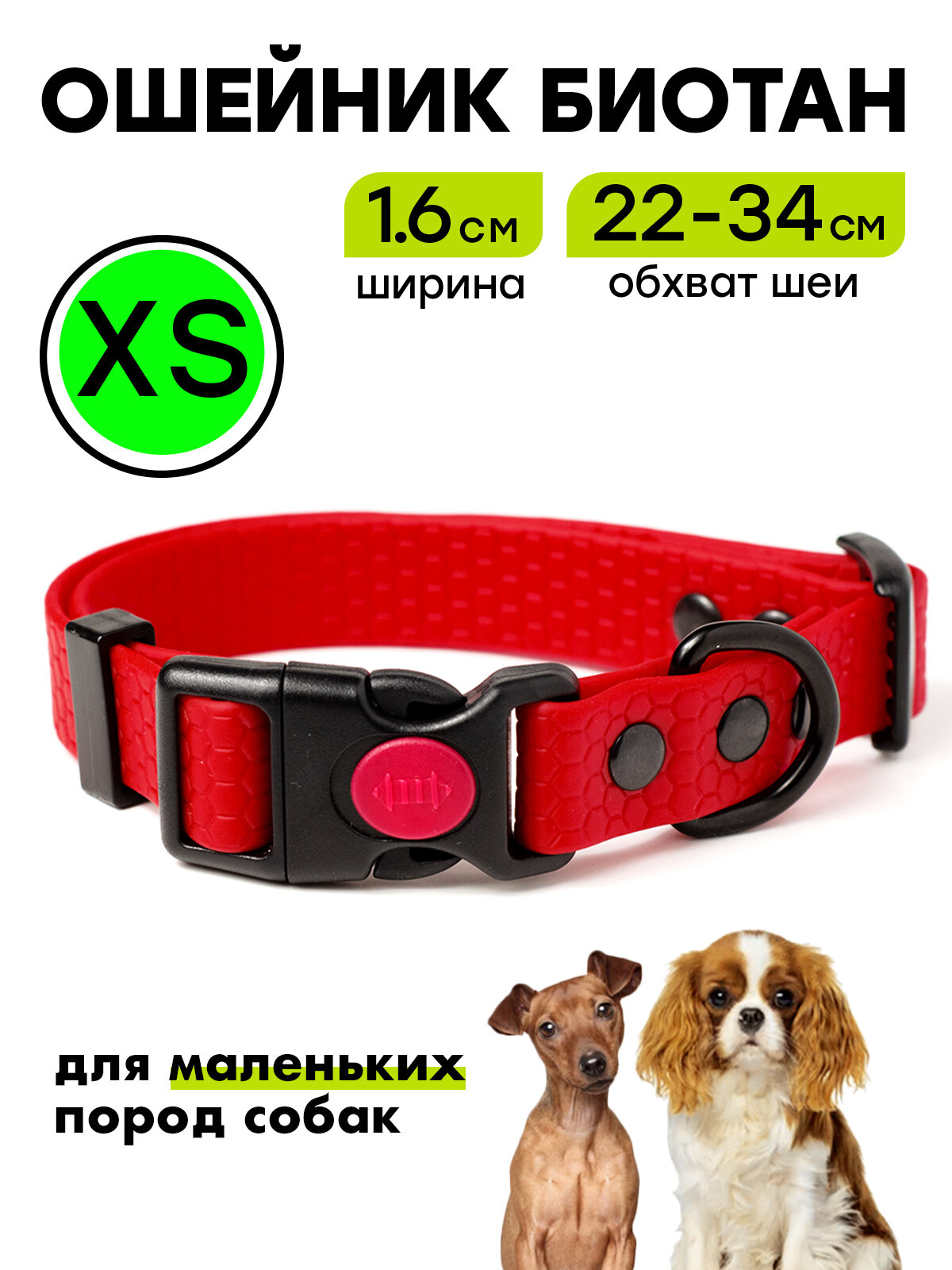 Ошейник из биотана 22-34 см (XS), 16 мм, Woofy "Iron", для маленьких собак, водостойкий, красный