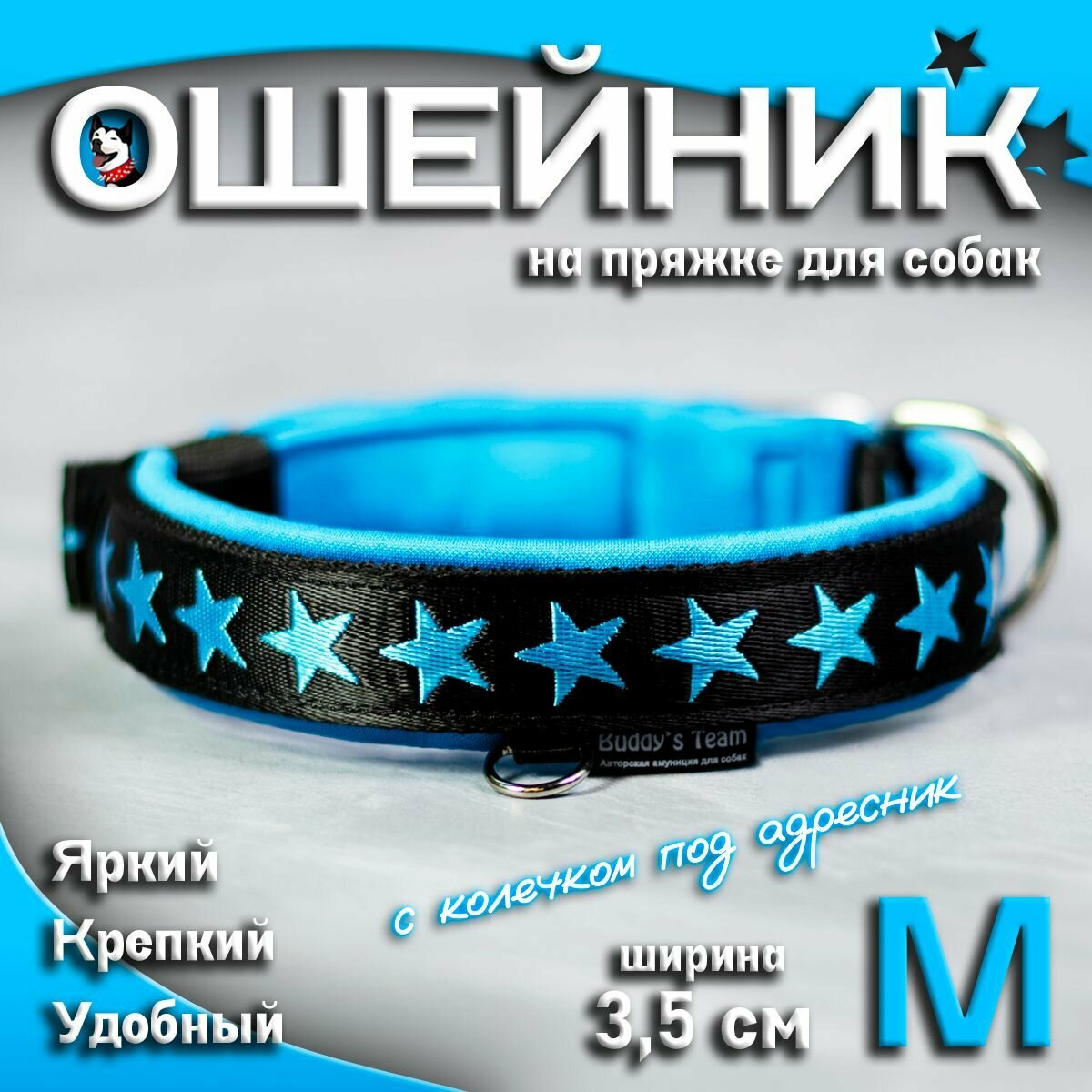 Ошейник для собак Buddy Team на пряжке с рисунком, принт Звездочки, с мягким подкладом для малых, средних и крупных пород, 3,5 см, размер M