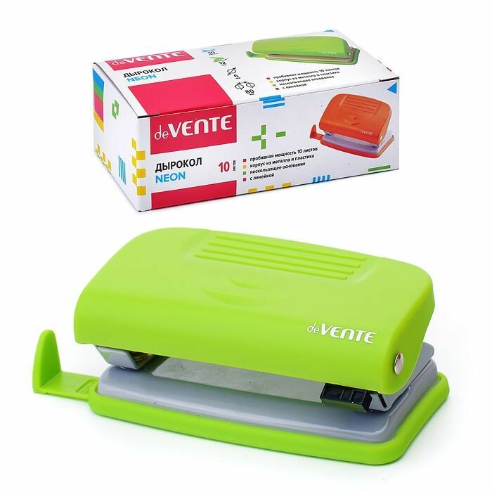 Дырокол deVENTE "Neon", зеленый, на 10 листов, пластиковый, с линейкой, в коробке (4020325)