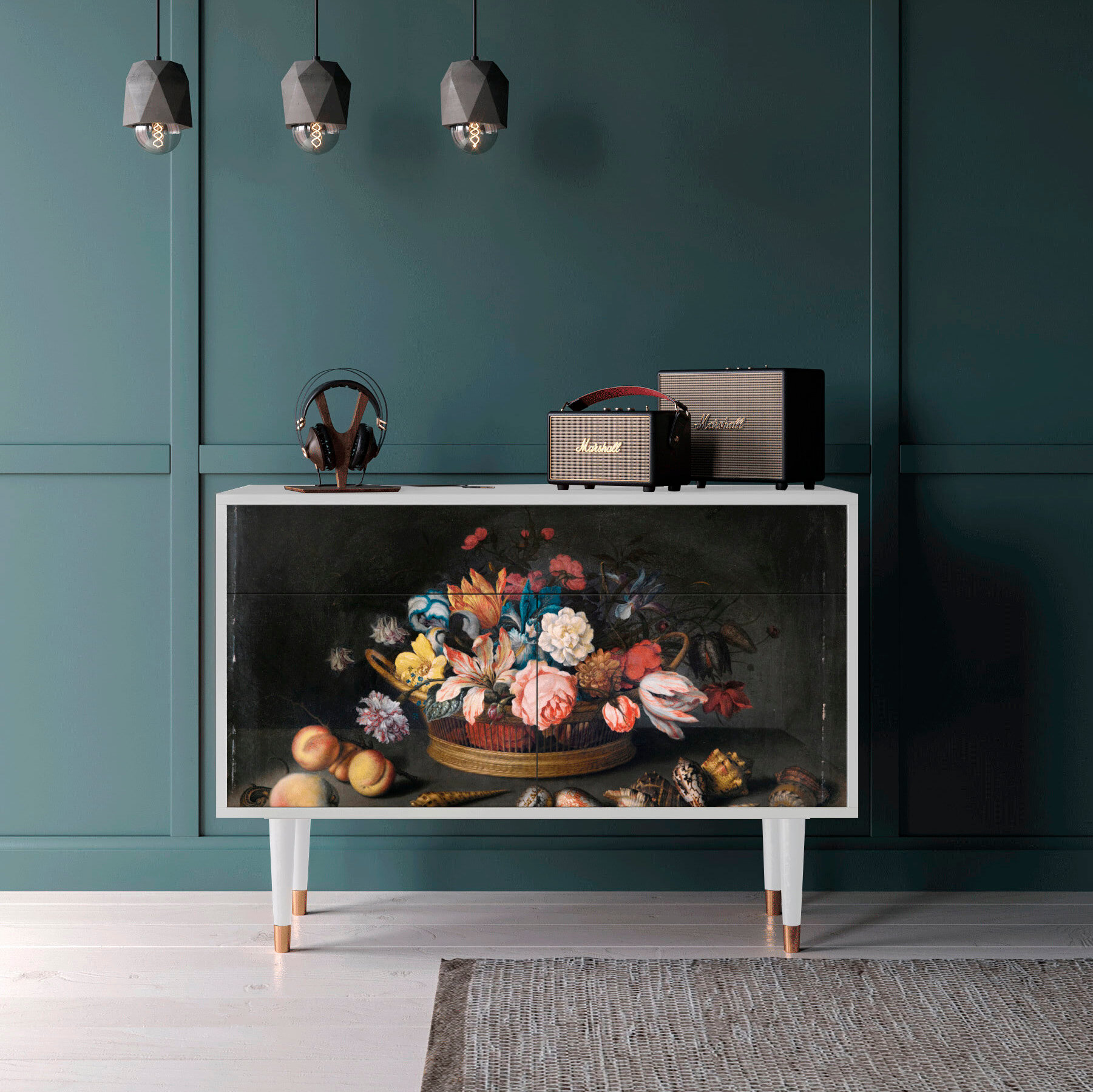 Комод - STORYZ - BS4 Still Life with Flowers and Shells by Balthasar van der Ast , Размер - 115 x 85 x 48 см, Цвет корпуса - Белый