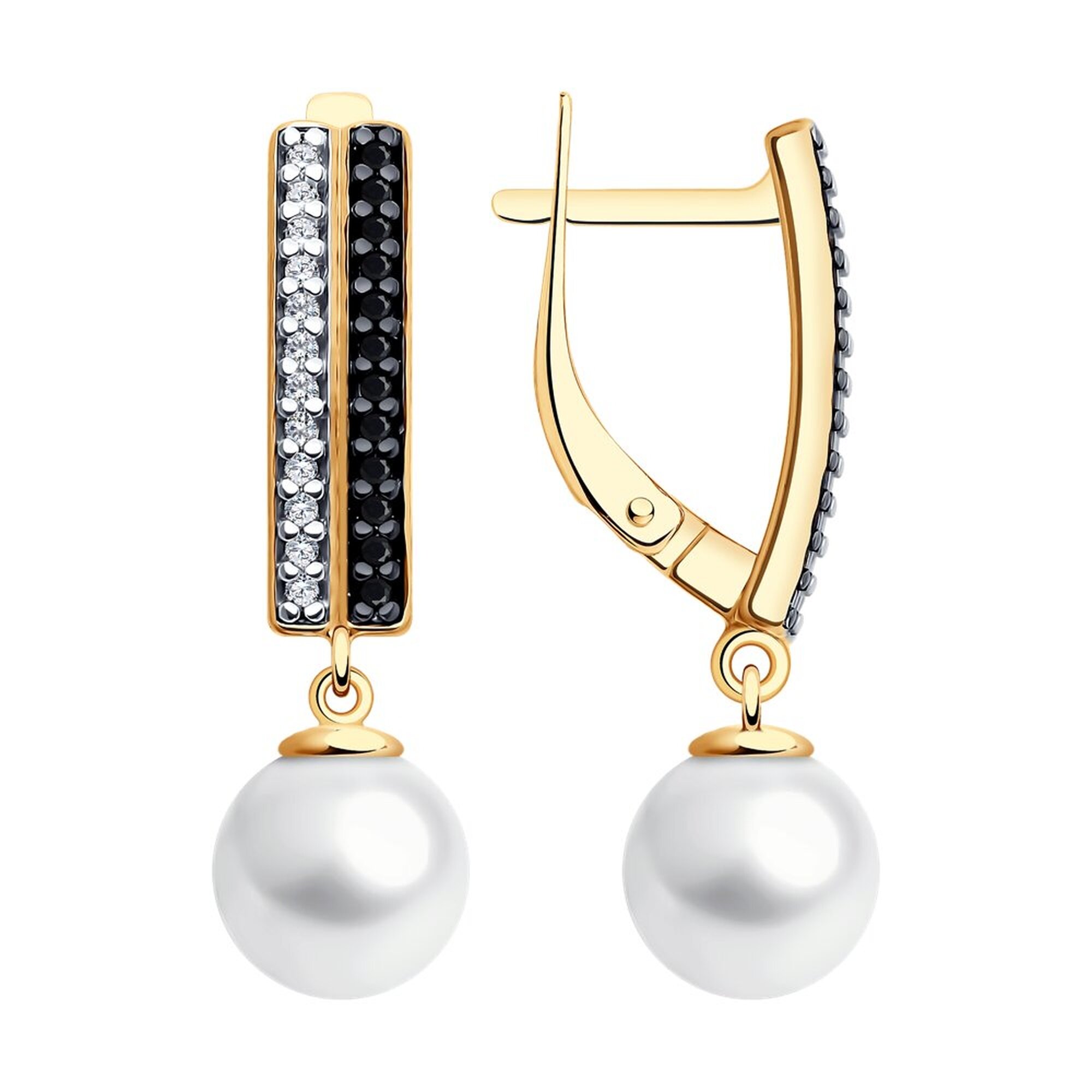 Серьги, серебро, 925 проба, золочение, фианит, шпинель, жемчуг