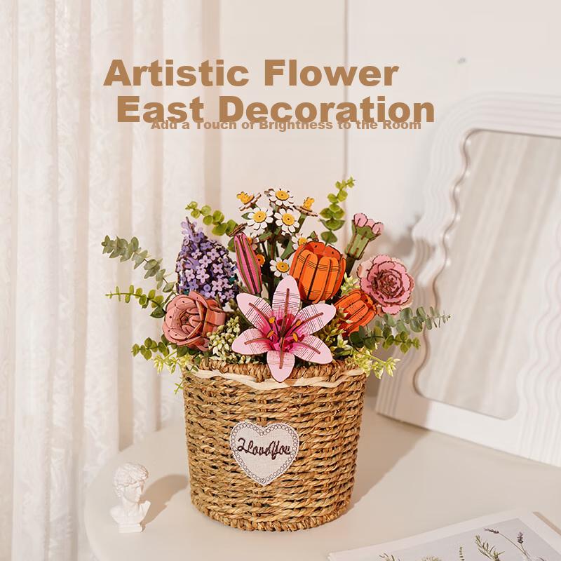 Wooden Artistic Flower Bouquet Building Blocks DIY Gift for New Year Birthday Gift for Elderly - Pink Lily