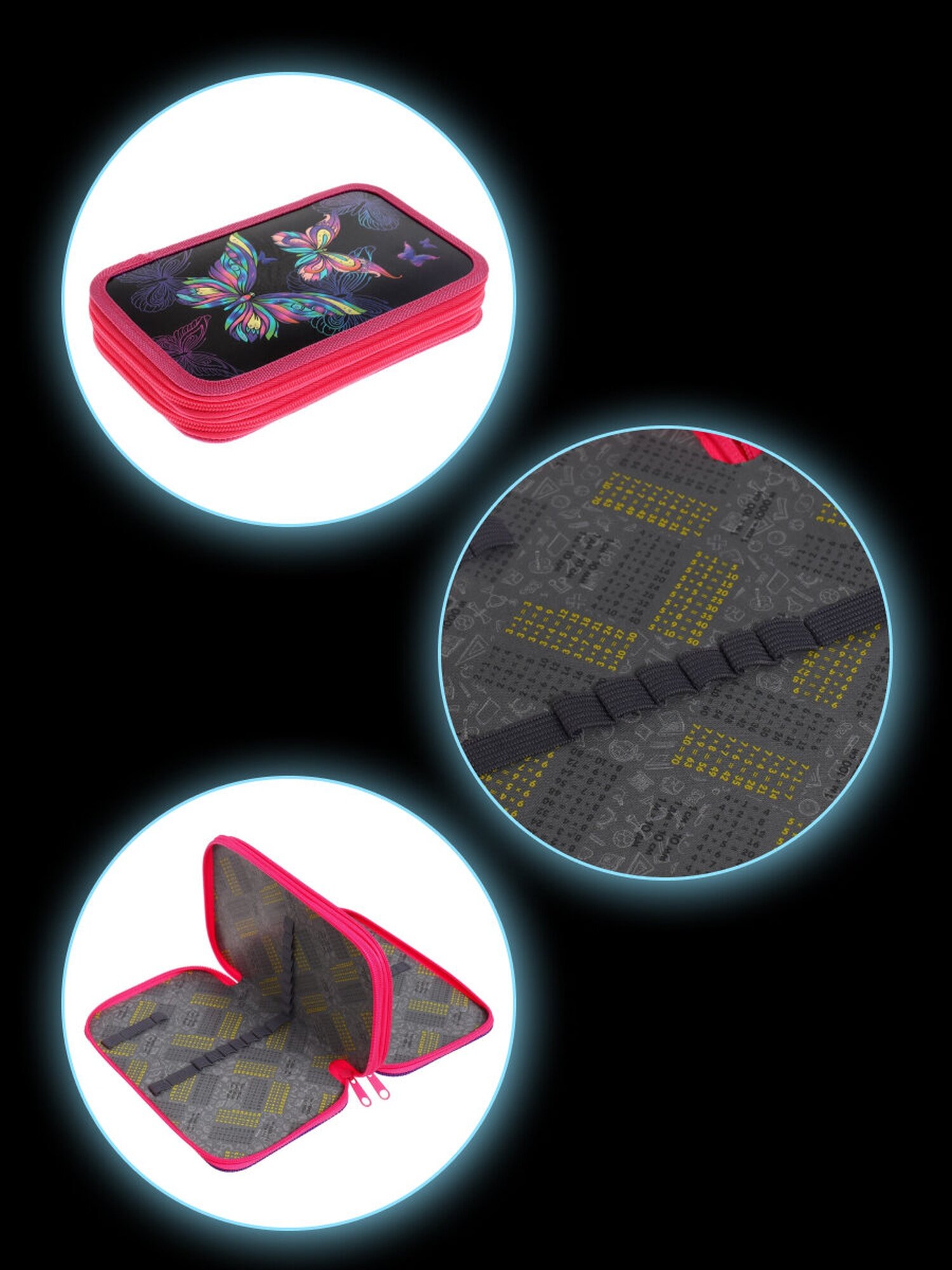 Пенал 2 секции, 125 х 205 х 40 мм, 81П26/2 Calligrata "Бабочки" (объемный 3D-рисунок с эффектом металлика)