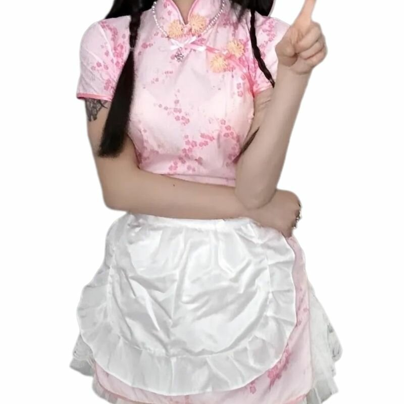 Китайская маленькая кухарка Лолита в фартуке горничной, Костюм для костюмированной вечеринки-Розово-белый фартук для китаянки-M