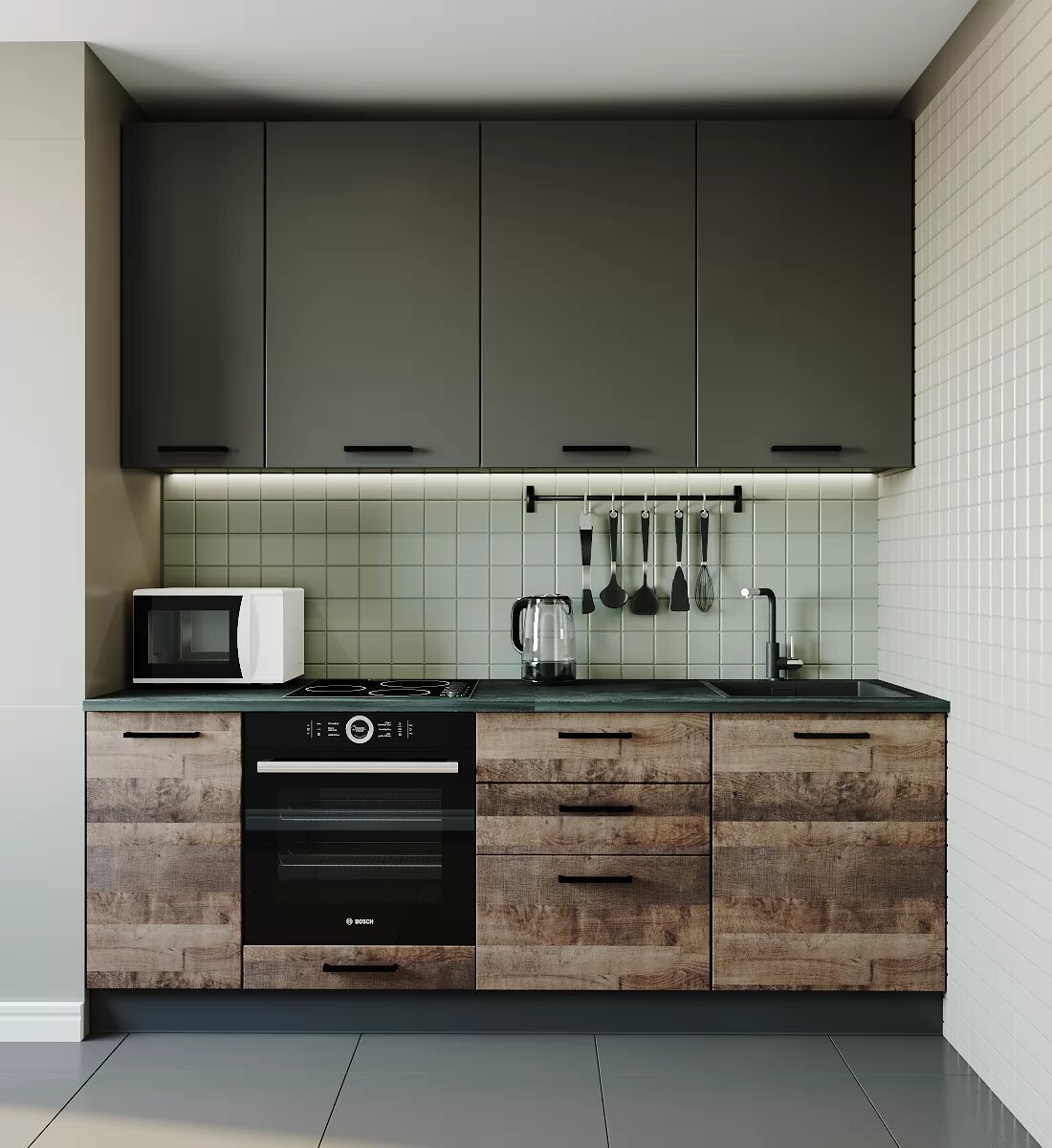 Кухонный гарнитур Sanvut Трансильвания-2200 столешница 26 мм, каркас ЛДСП, фасад ЛДСП, Антрацит/Гранж