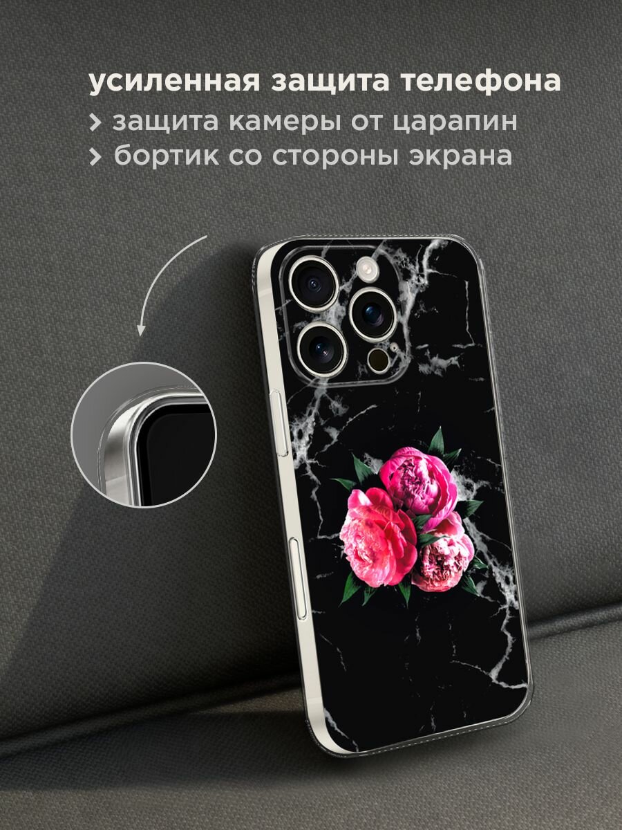Чехол на Apple iPhone 16 Pro / Айфон 16 Про с принтом "Букет на черном мраморе" — фото 1