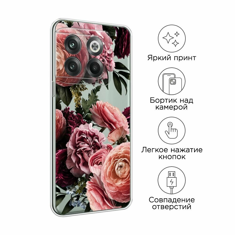 Чехол на OnePlus 10T / Ван плюс 10T с принтом "Бордовые винтажные цветы", прозрачный — фото 1