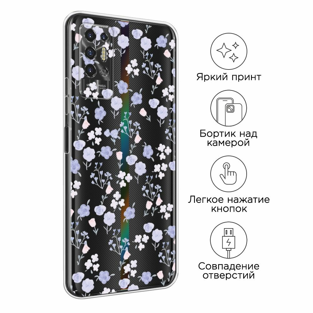 Чехол на Tecno Pova 2 / Текно Пова 2 с принтом "Сиреневые розы паттерн", прозрачный — фото 1