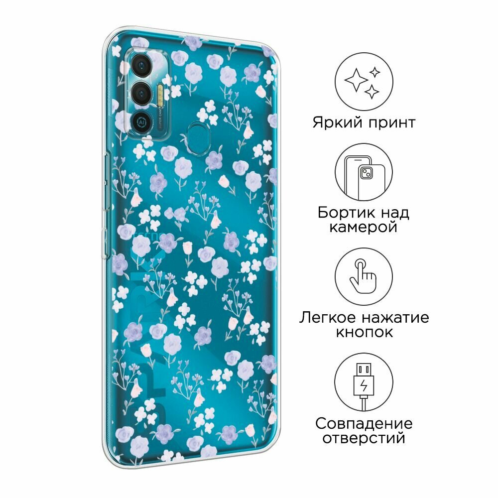 Чехол на Tecno Spark 7 / Техно Спарк 7 с принтом "Сиреневые розы паттерн", прозрачный — фото 1