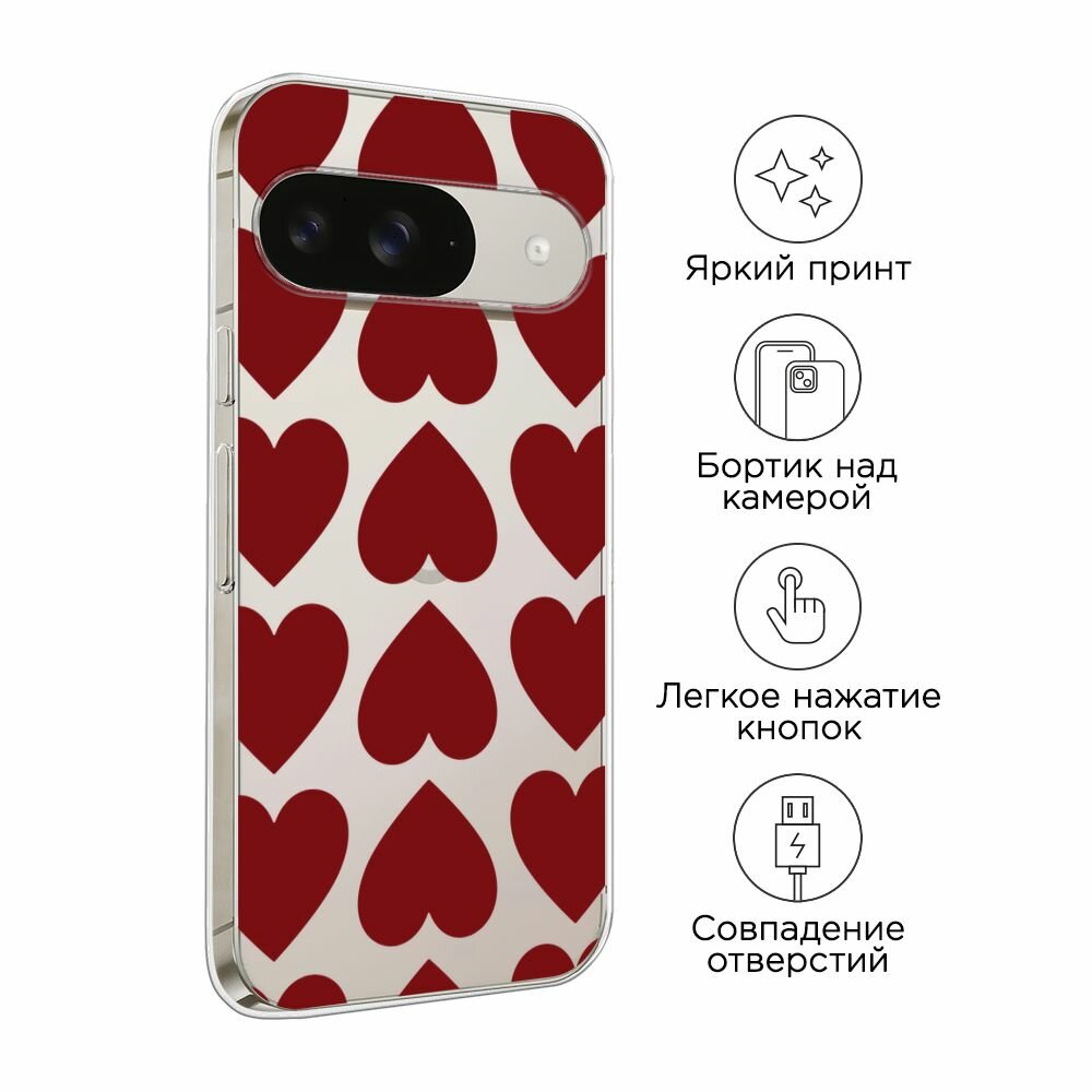 Чехол на Google Pixel 9 / Гугл Пиксель 9 с принтом "Ряды сердечек паттерн - 14 февраля", прозрачный — фото 1