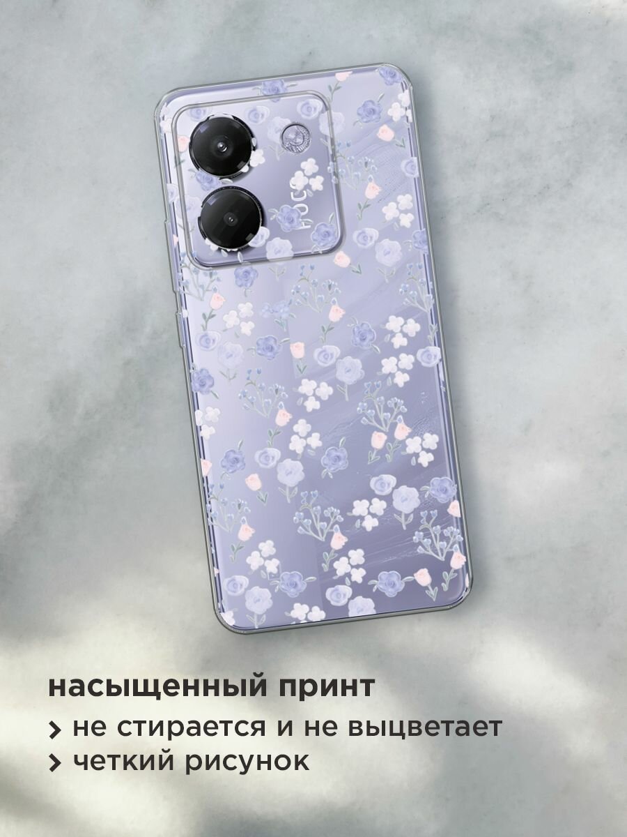 Чехол на Poco M7 Pro / Поко М7 Про с принтом "Сиреневые розы паттерн", прозрачный — фото 1