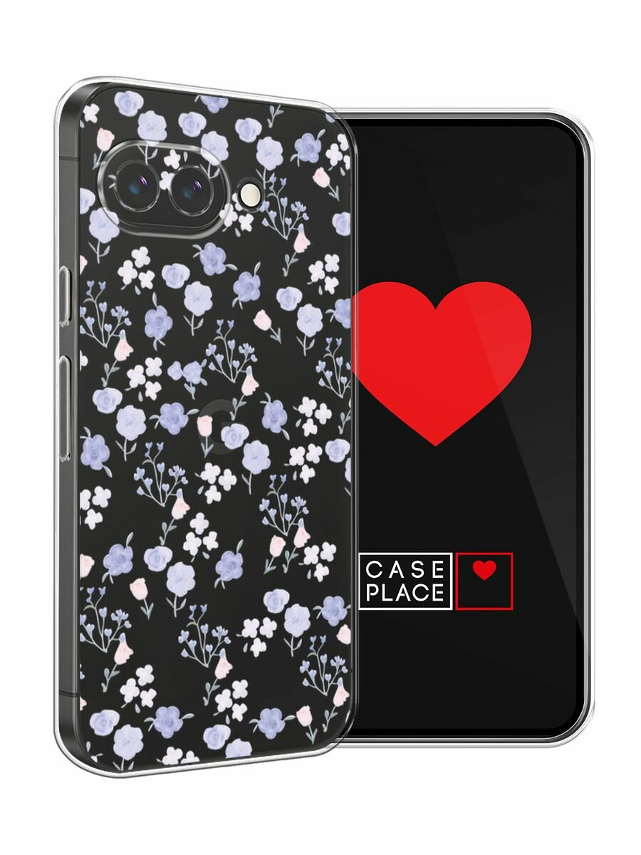 Чехол на Google Pixel 9a / Гугл Пиксель 9a с принтом "Сиреневые розы паттерн", прозрачный — фото 1