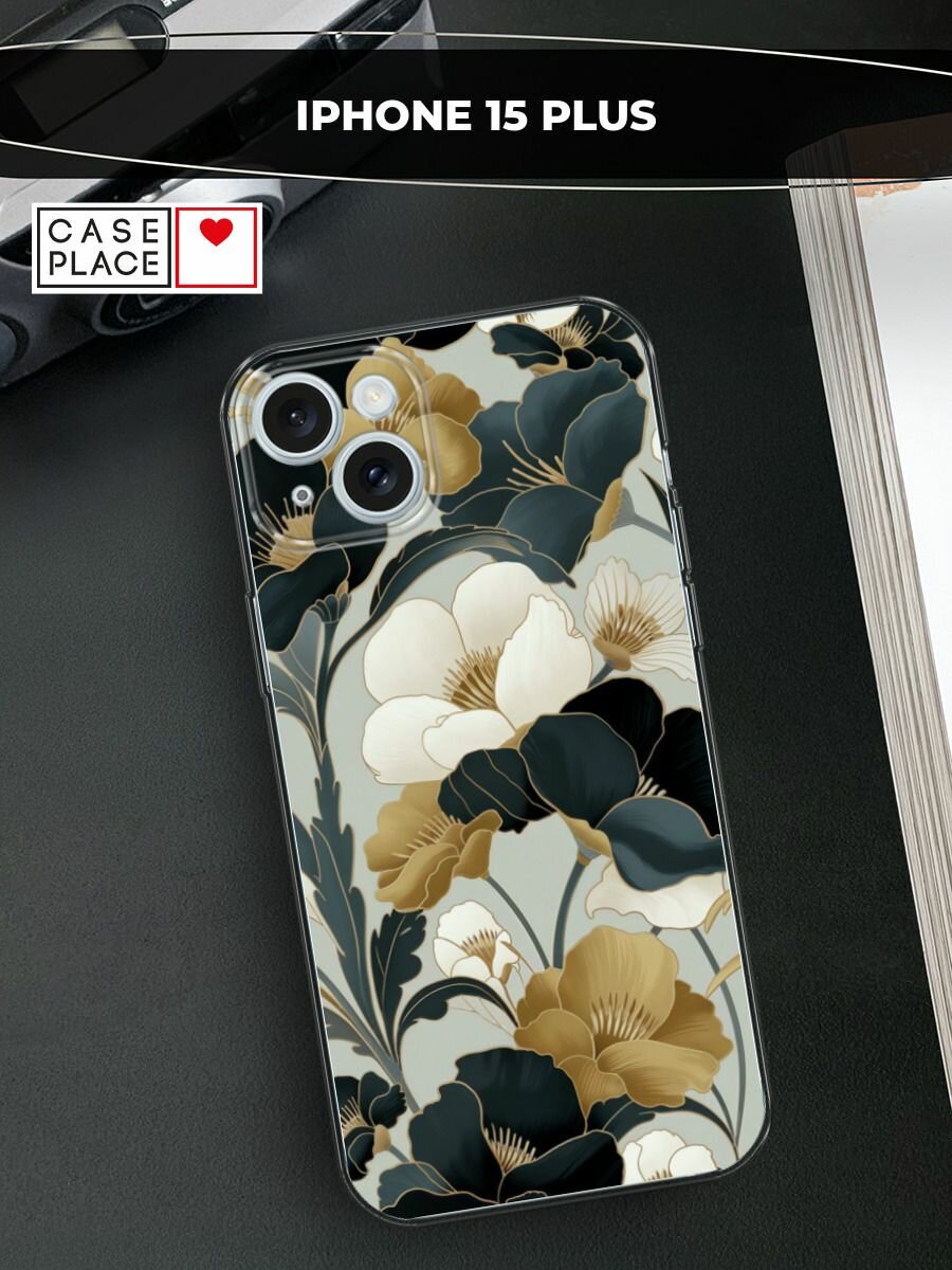Чехол на Apple iPhone 15 Plus / Айфон 15 Плюс с принтом Золотые и белые цветы