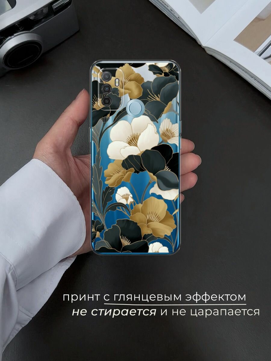 Силиконовый чехол на Oppo A53 / Оппо А53 с принтом Золотые цветы — фото 1