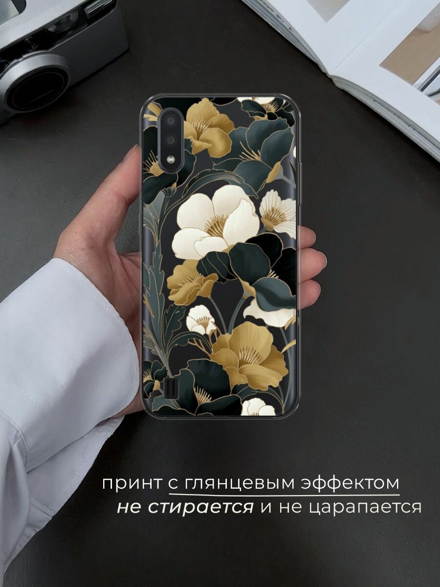 Чехол на Samsung Galaxy A01 / Самсунг Гэлакси А01 с принтом Золотые цветы — фото 1