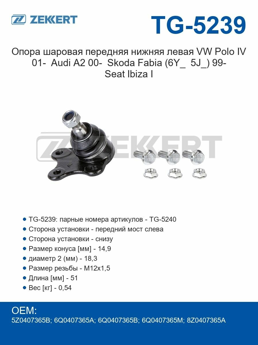 Zekkert Опора шаровая передняя нижняя левая Audi A2 с 2000 года Skoda Fabia (6Y_ 5J_) с 1999 года VW Fox с 2003 года Polo IV с 2001 года Sea